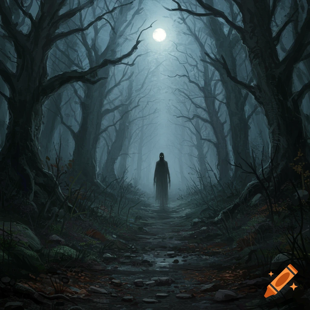 A shadowy figure with glowing eyes stands on a moonlit path in a dark ...