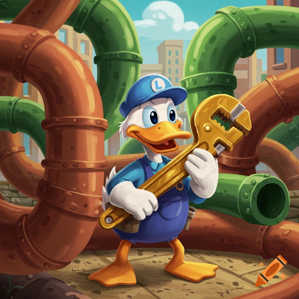 A cartoon duck plumber wearing a blue hat with an 'L' and overalls ...