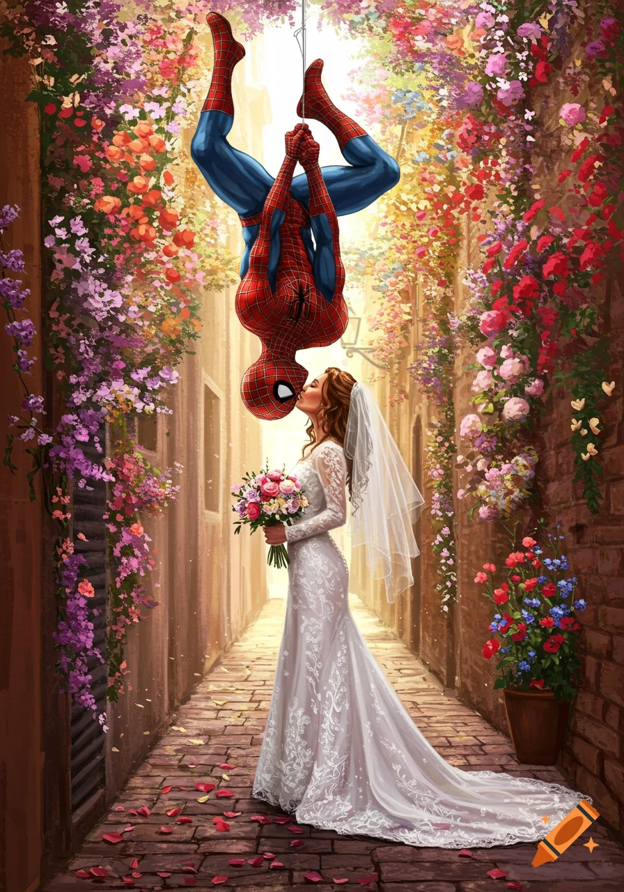 Spider-Man hangs upside down, kissing a bride in a flowing white dress ...