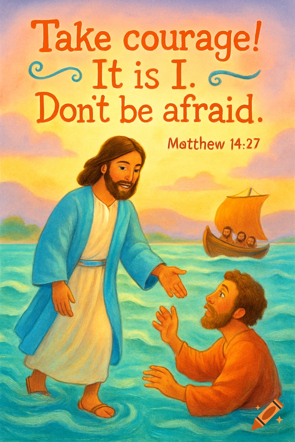 Children's illustration of Jesus walking on water, reaching out to ...