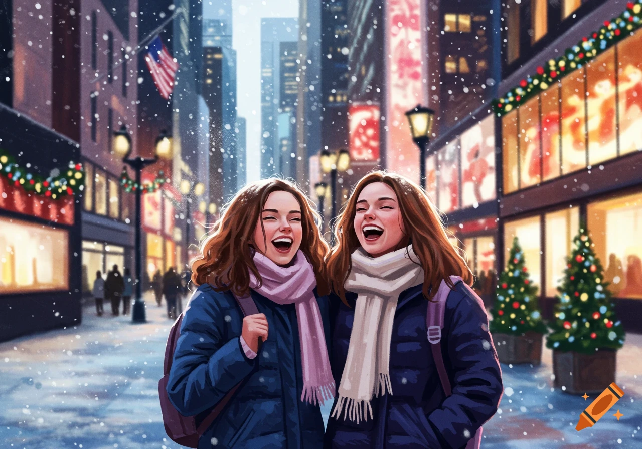 A happy couple walks hand in hand down a snowy, festive street ...