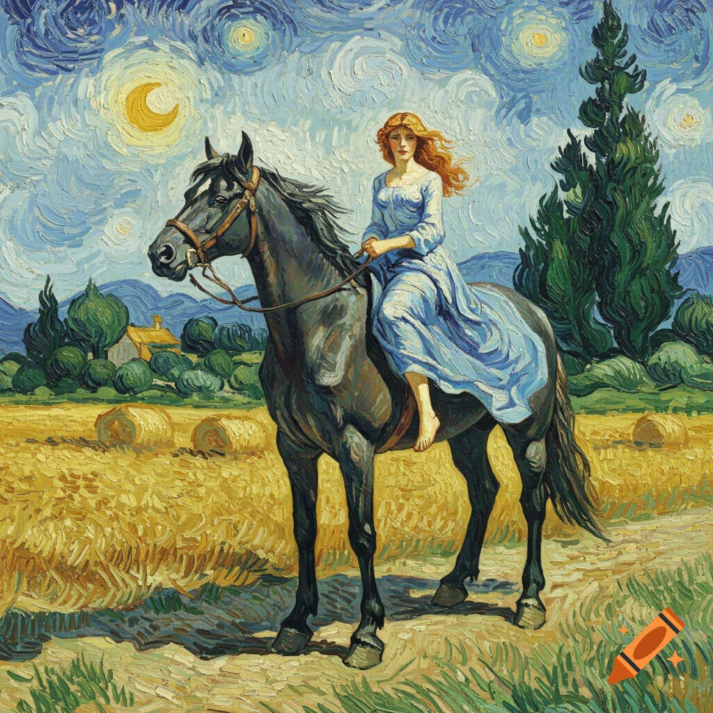 Expressionist oil painting of a woman on a winding path through a ...