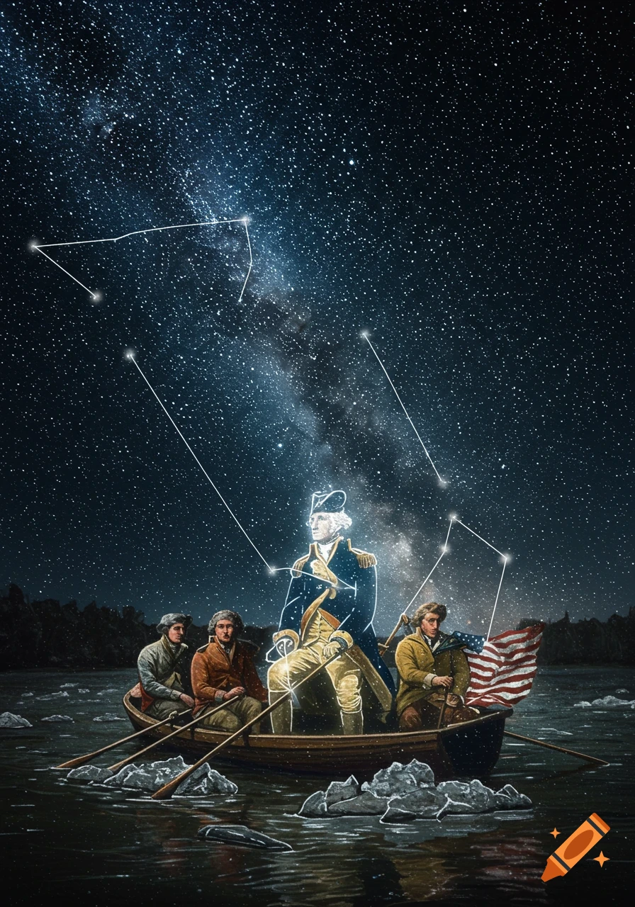 A stylized image of George Washington and three men in a rowboat ...