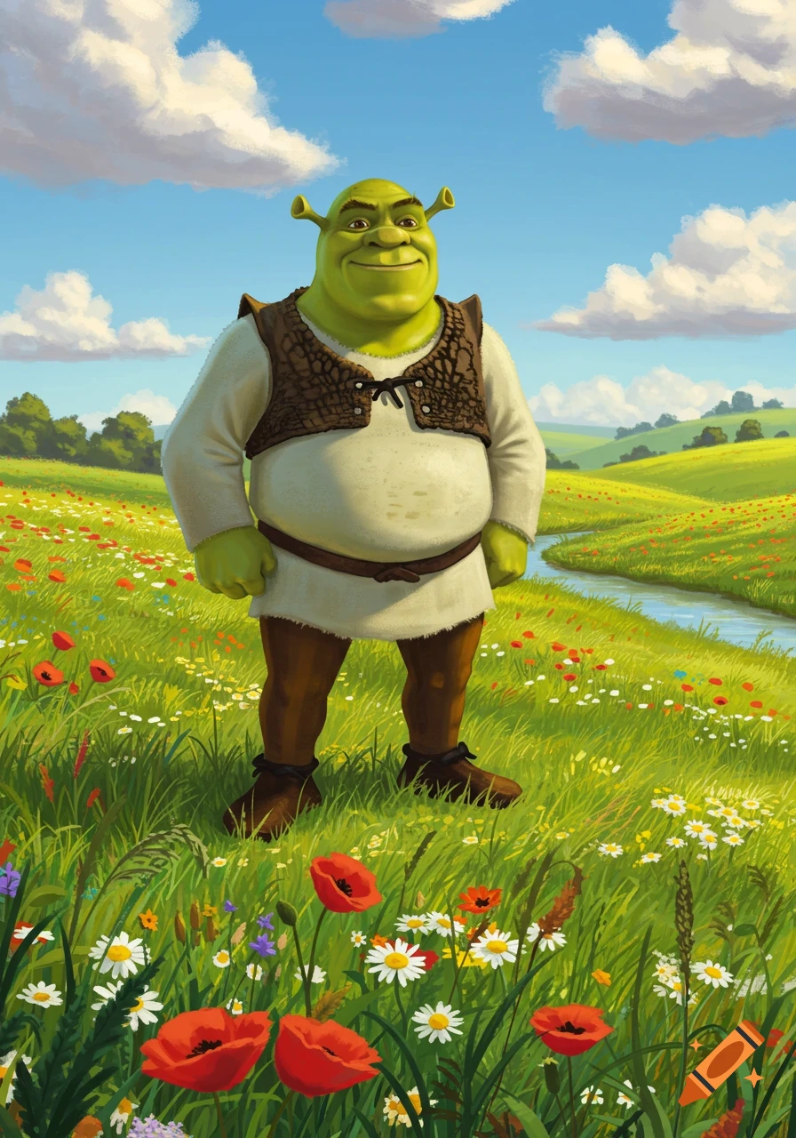 Shrek, the green ogre, stands smiling in a sunny, flower-filled green ...