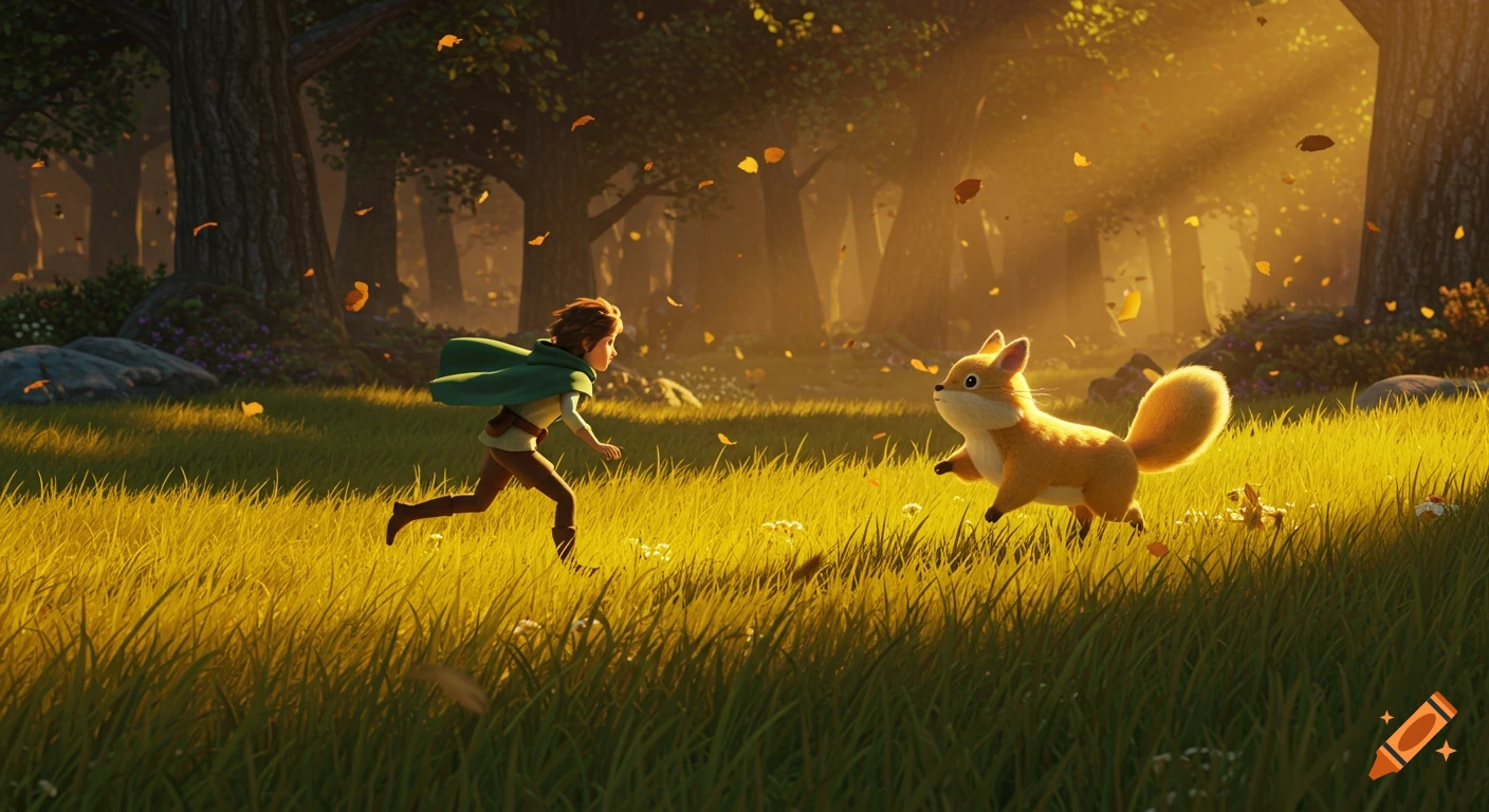 An animated boy in a green cape runs through a sunlit forest, chasing a ...