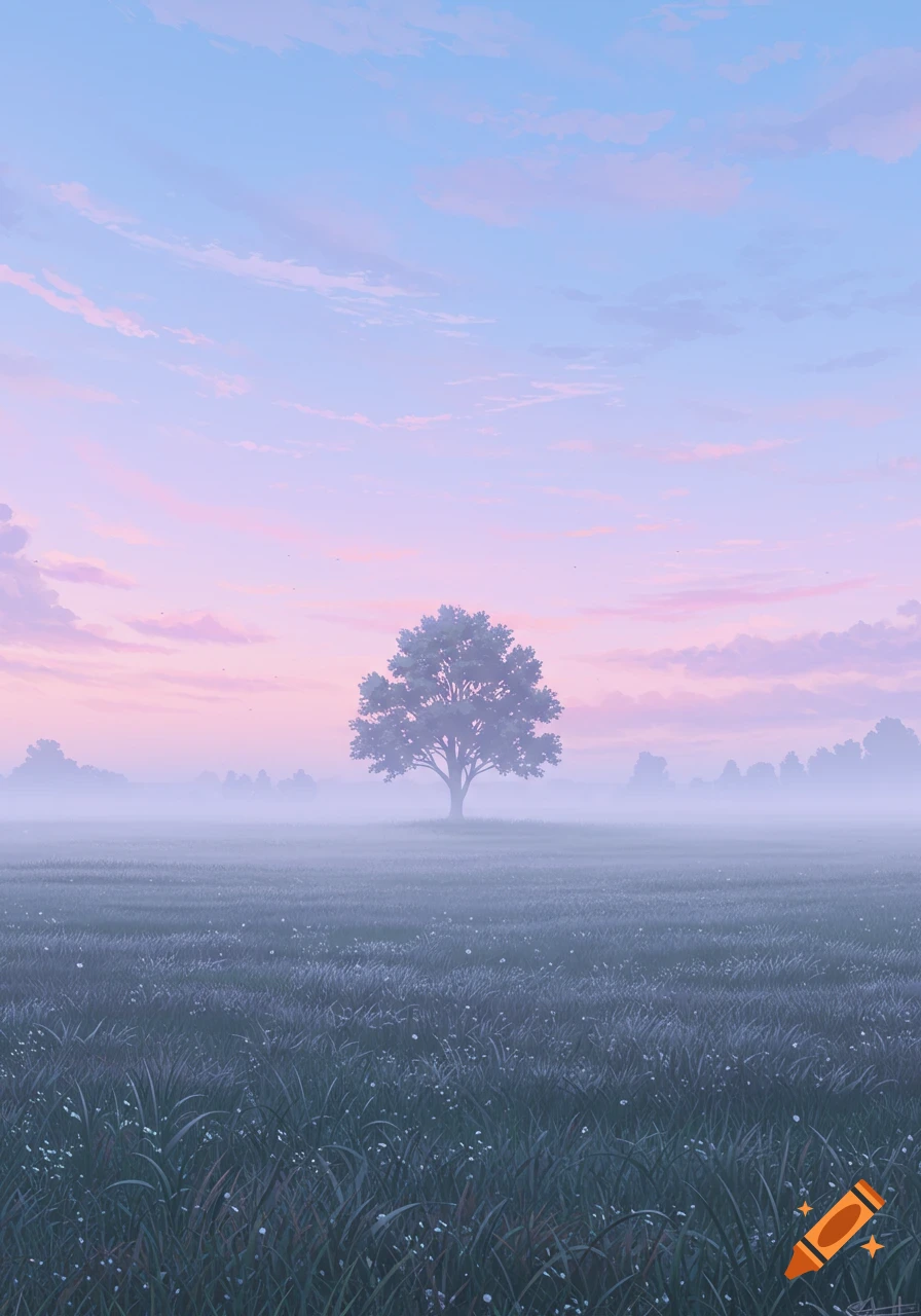 A snow-covered pine tree stands in a misty, snowy field under a pastel ...