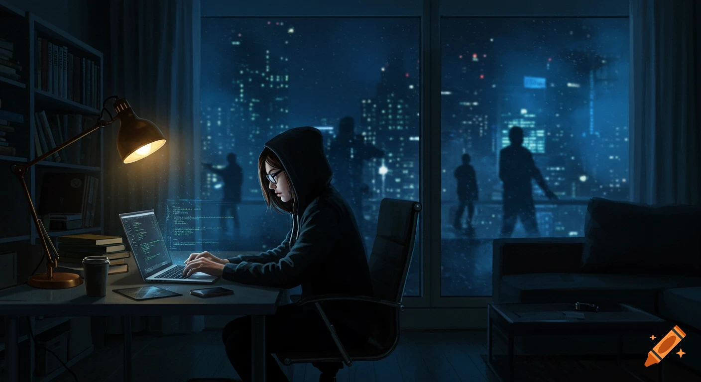 A barefoot woman with pale hair in a sheer robe stands in a motel ...