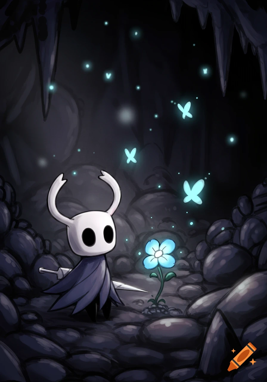 The Knight from Hollow Knight stands on a glowing mossy ledge in a dark ...