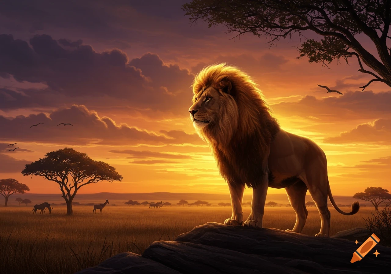 A majestic lion stands on a rock overlooking a vibrant African savanna ...