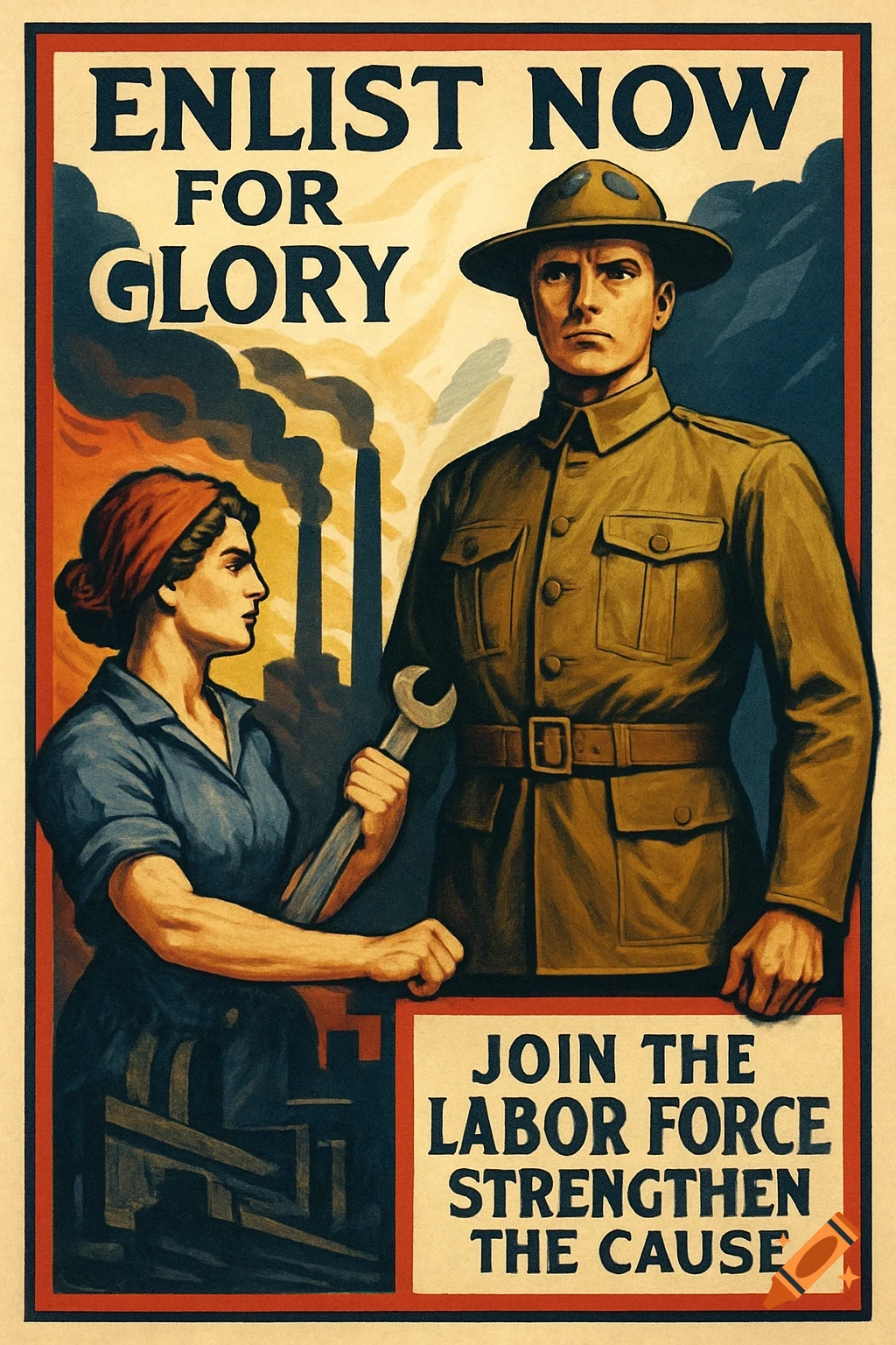 A vintage split poster. Left: Grim Reaper, burning city, soldiers, text ...