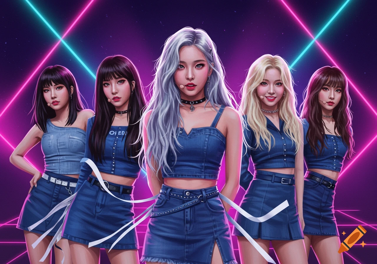 Five photorealistic K-pop girl group members posing in a neon-lit dance ...