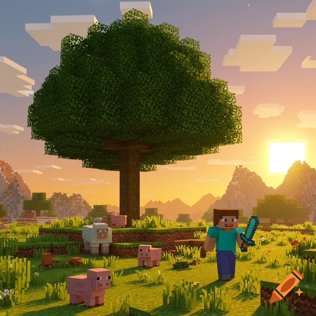 Minecraft Steve with a diamond sword walks through a sunny, blocky ...