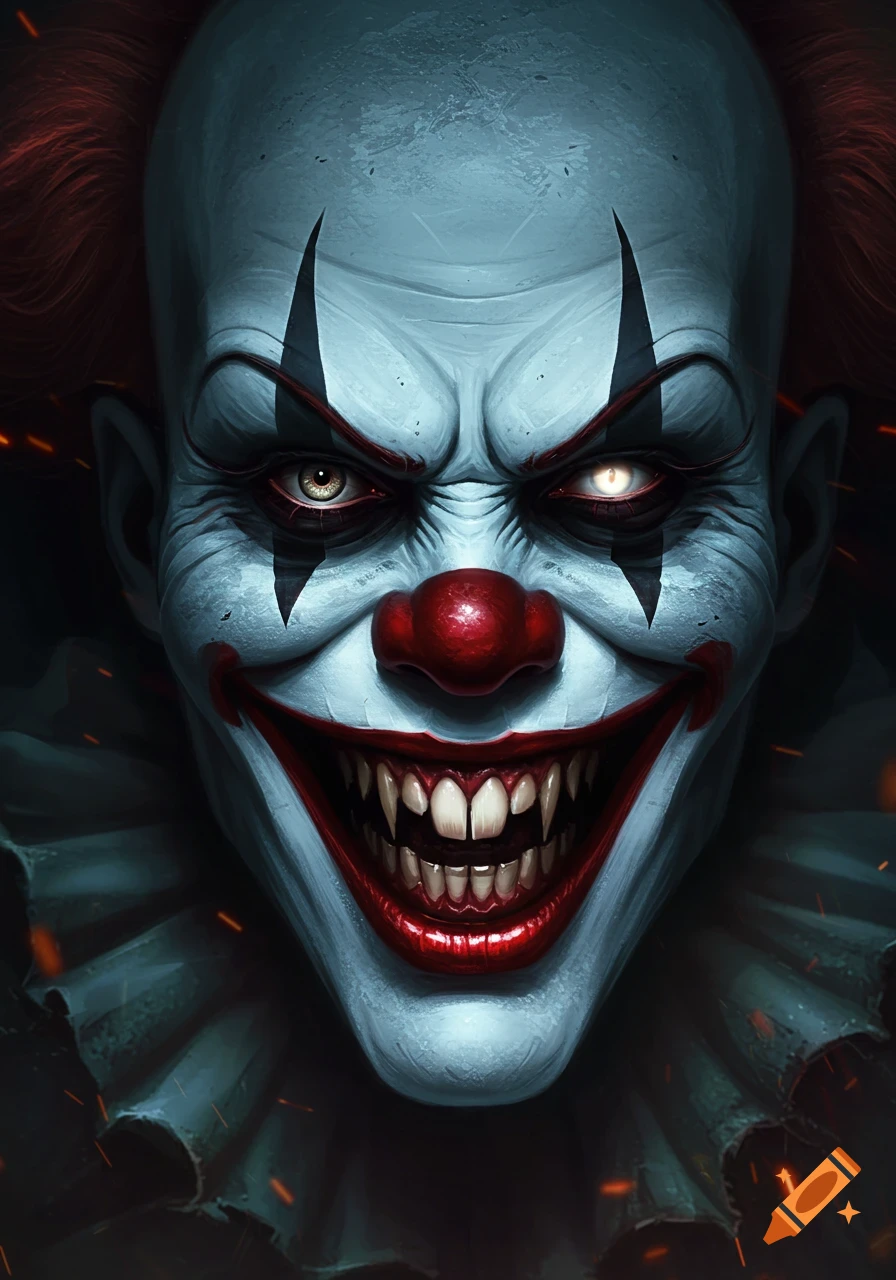 Close-up of a scary clown with sharp teeth, red nose, red hair, and ...