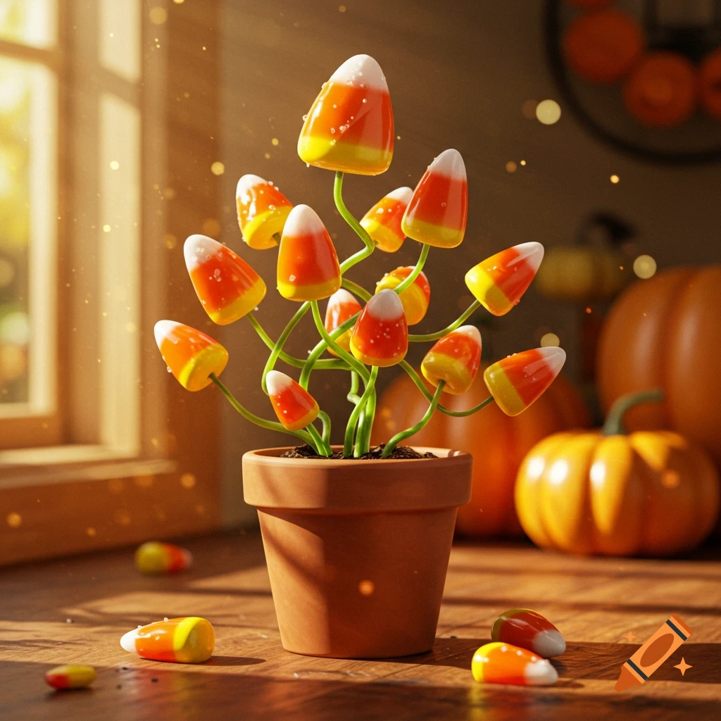 A photorealistic potted candy corn plant sits on a wooden table with ...