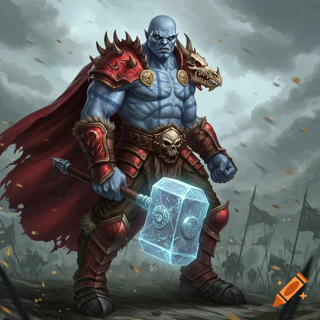 A muscular, blue-skinned barbarian warrior in red dragon-bone armor and cape holds a glowing ...