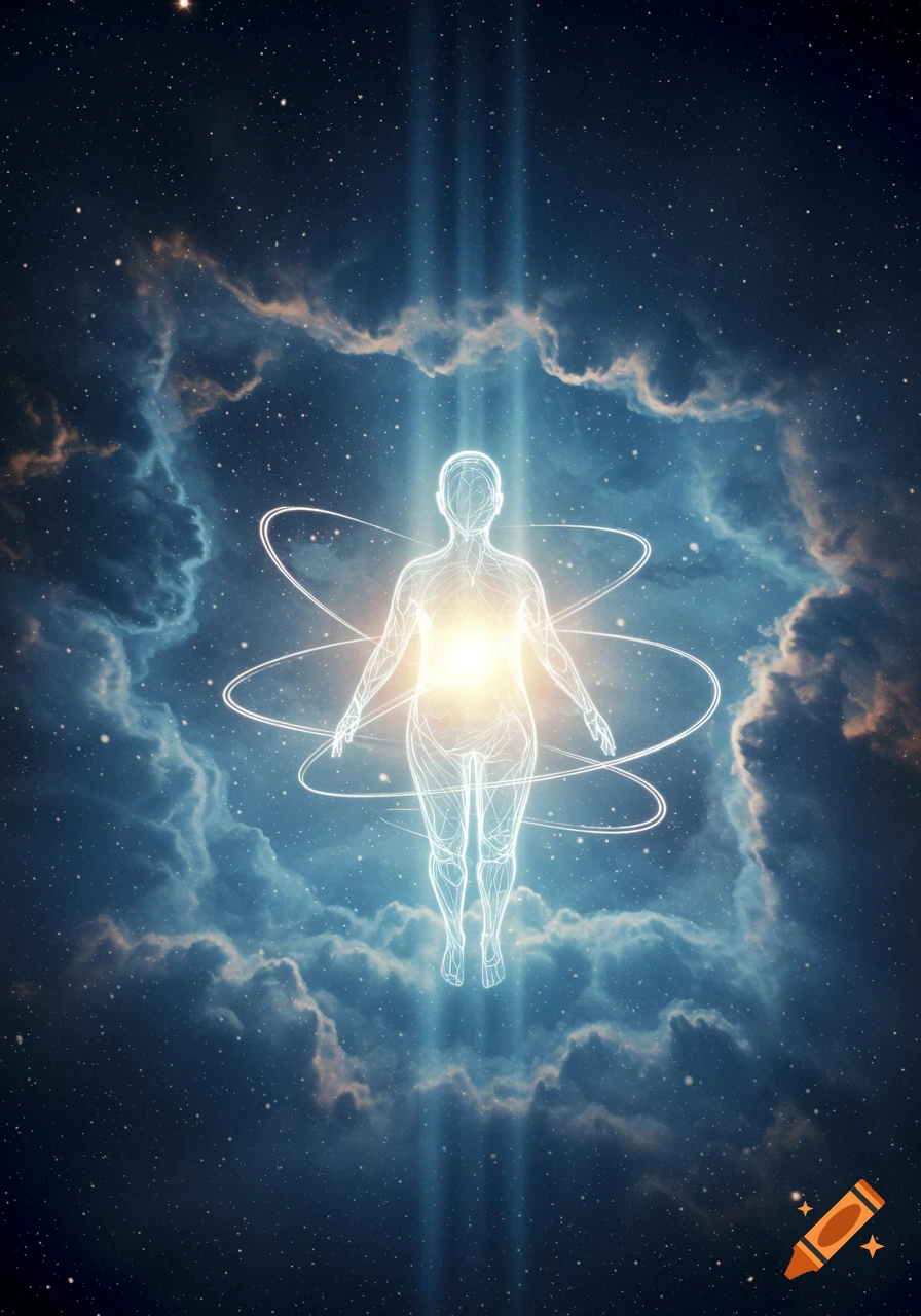 A glowing, translucent human figure floats in deep space, surrounded by ...