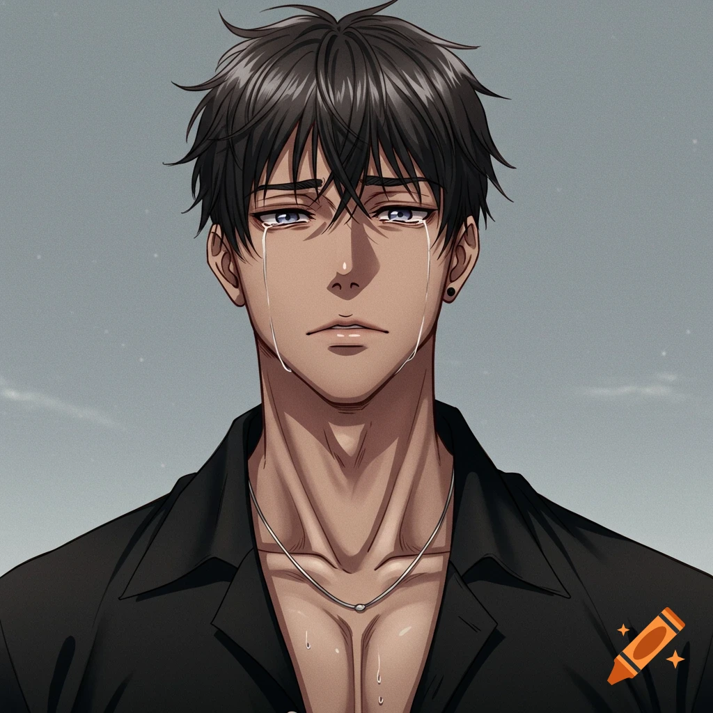 Dark-skinned anime male character crying, wearing a black open shirt ...