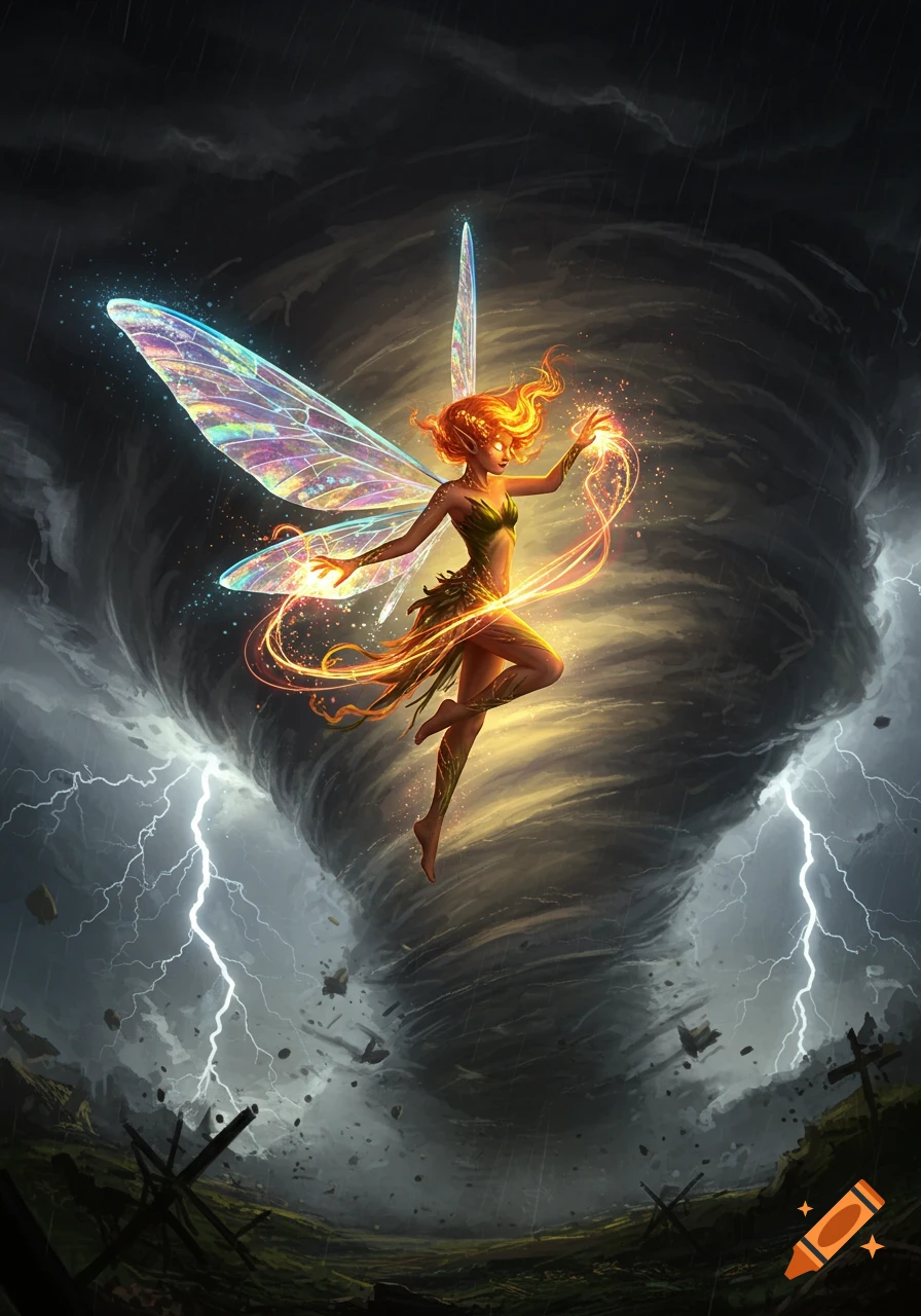 A luminous pixie with iridescent wings floats, casting spells within a ...