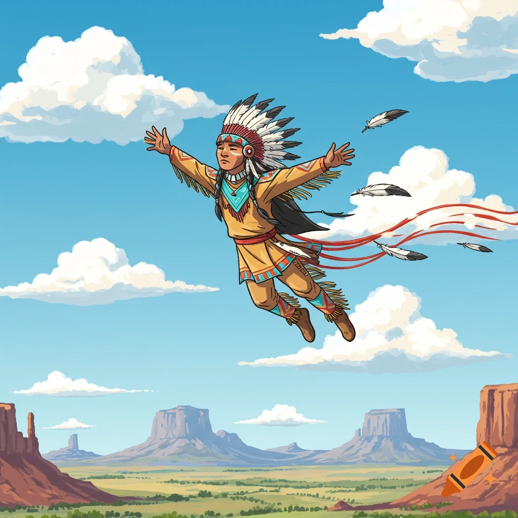 Cartoon Native American person flying with arms outstretched over a ...