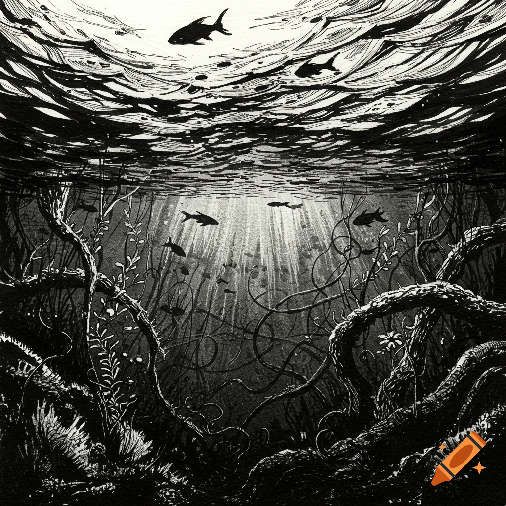 Detailed 2D drawing of an underwater scene with lush green seaweed ...