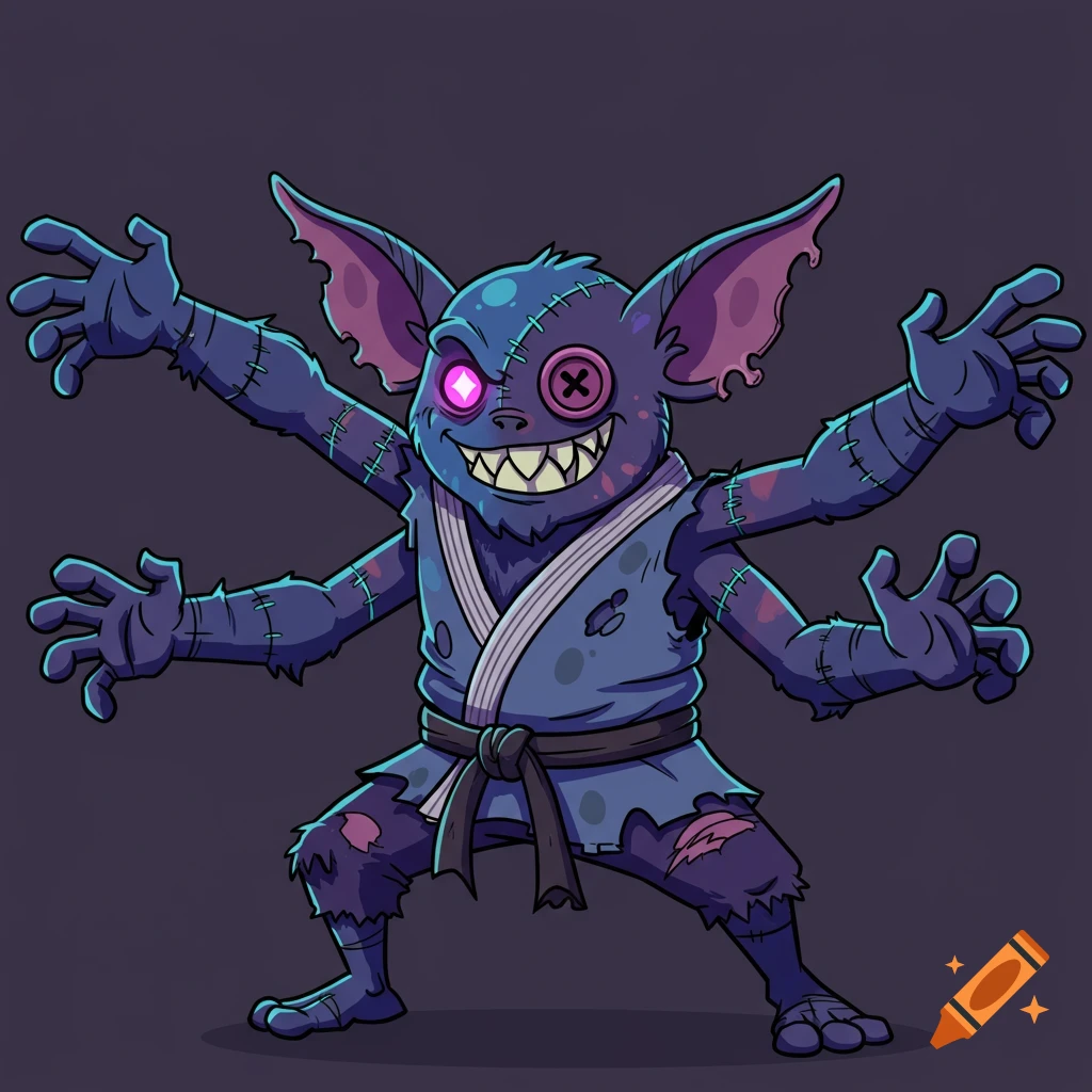A purple cartoon monster with four arms, glowing stitches, a button eye ...