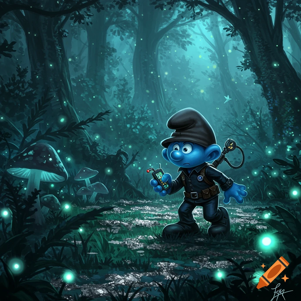 A Smurf spy in a black outfit holds a device, standing in a dark ...