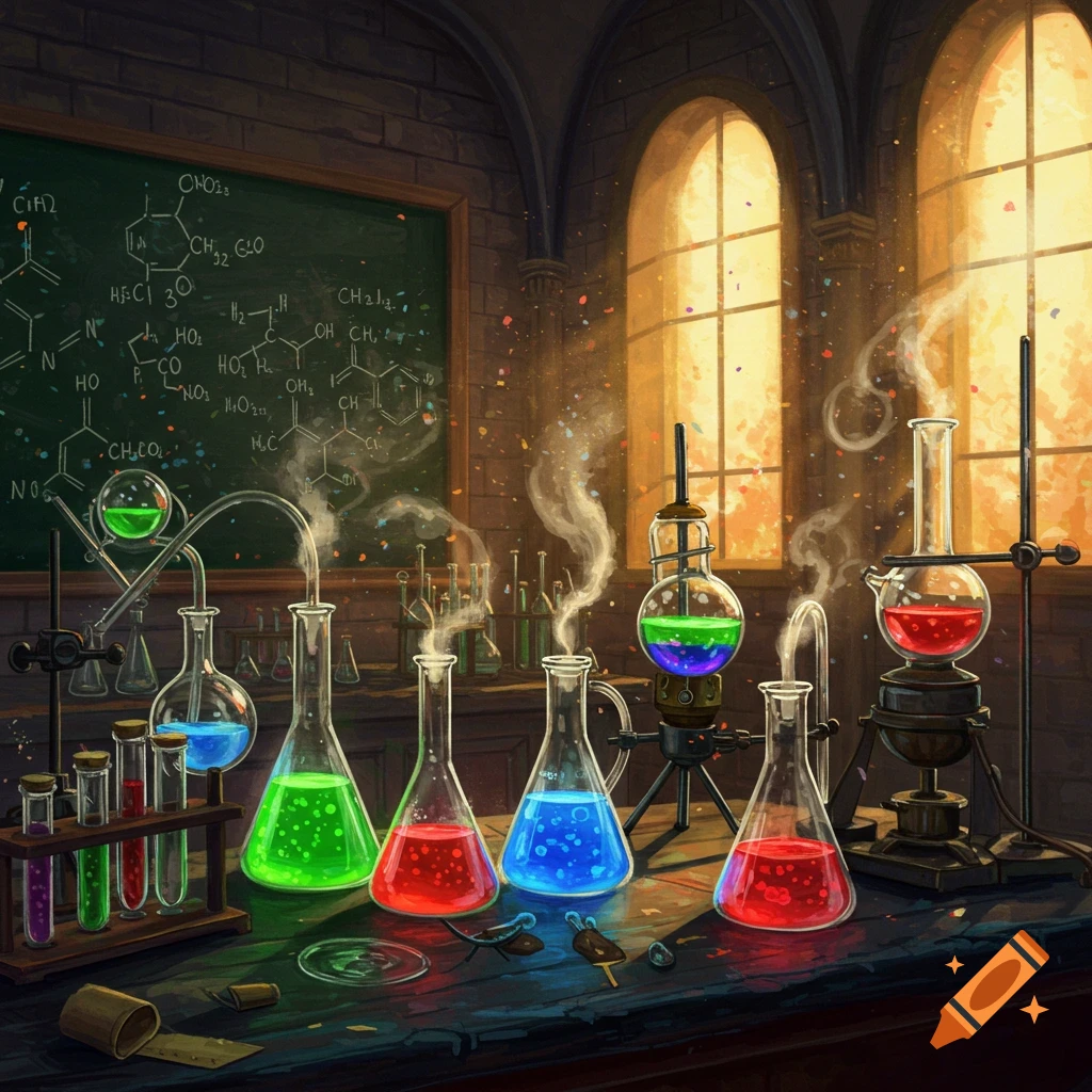 Glowing pink, purple, and red potions on a wooden table with candles in ...