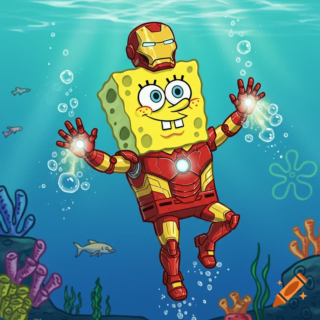Cartoon SpongeBob SquarePants in an Iron Man suit, glowing hands ...