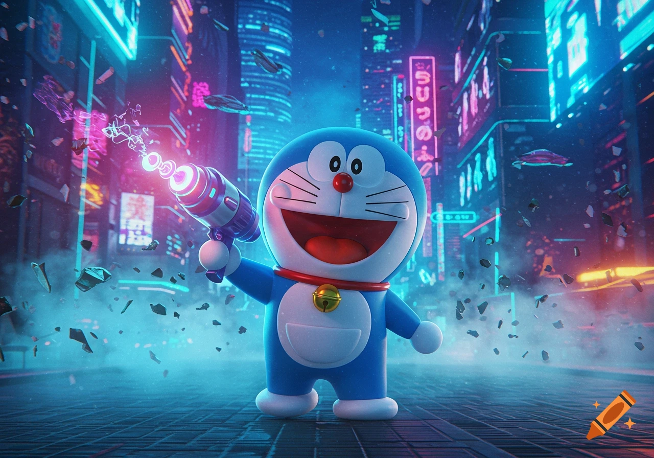 Doraemon holds a glowing laser gun in a futuristic cyberpunk city with ...