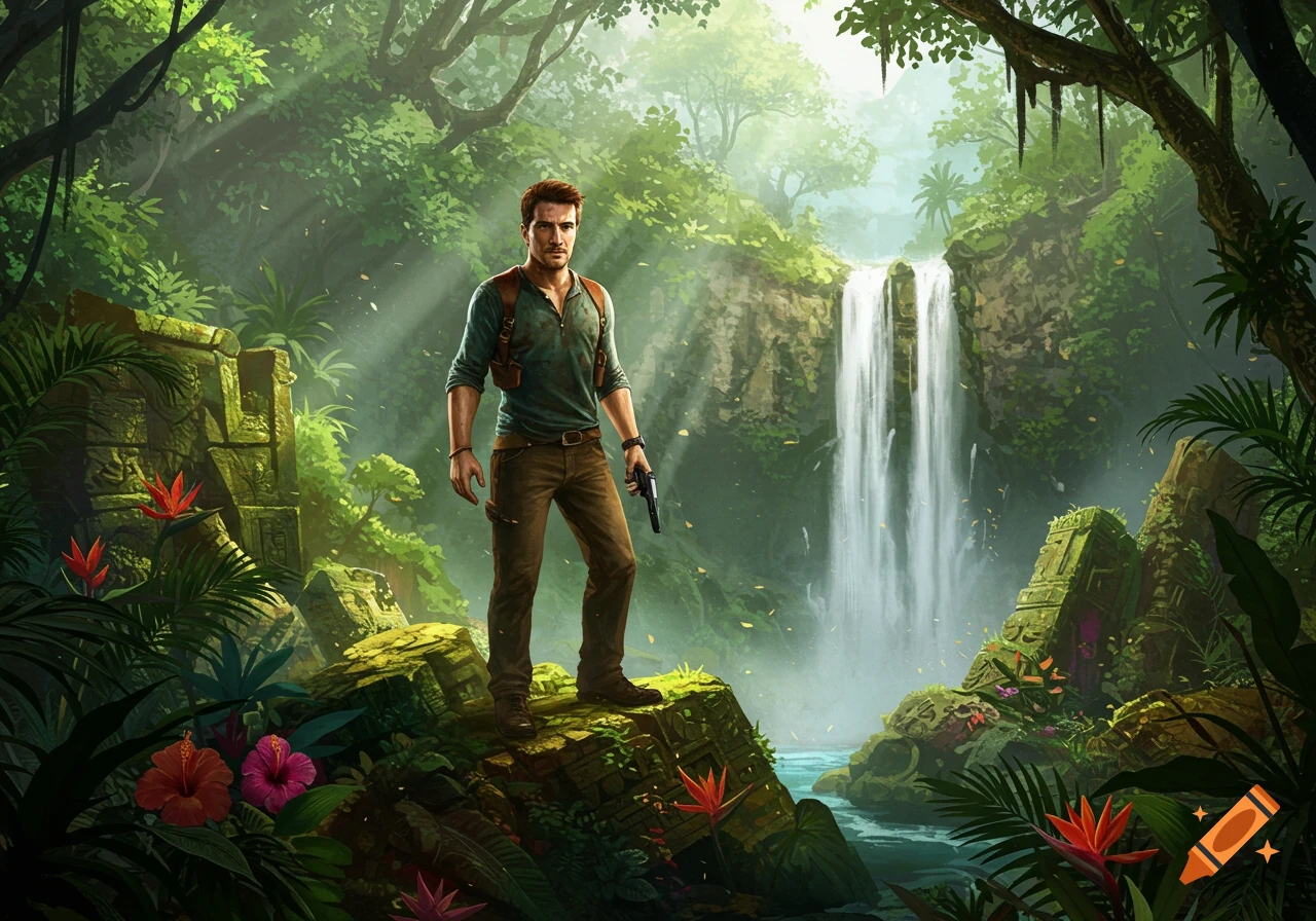 Dwayne Johnson in a safari-style uniform walking through a sunlit ...