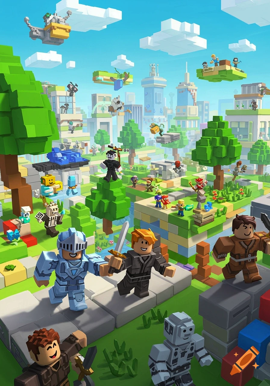 Blocky characters in a vibrant, stylized voxel world with floating ...
