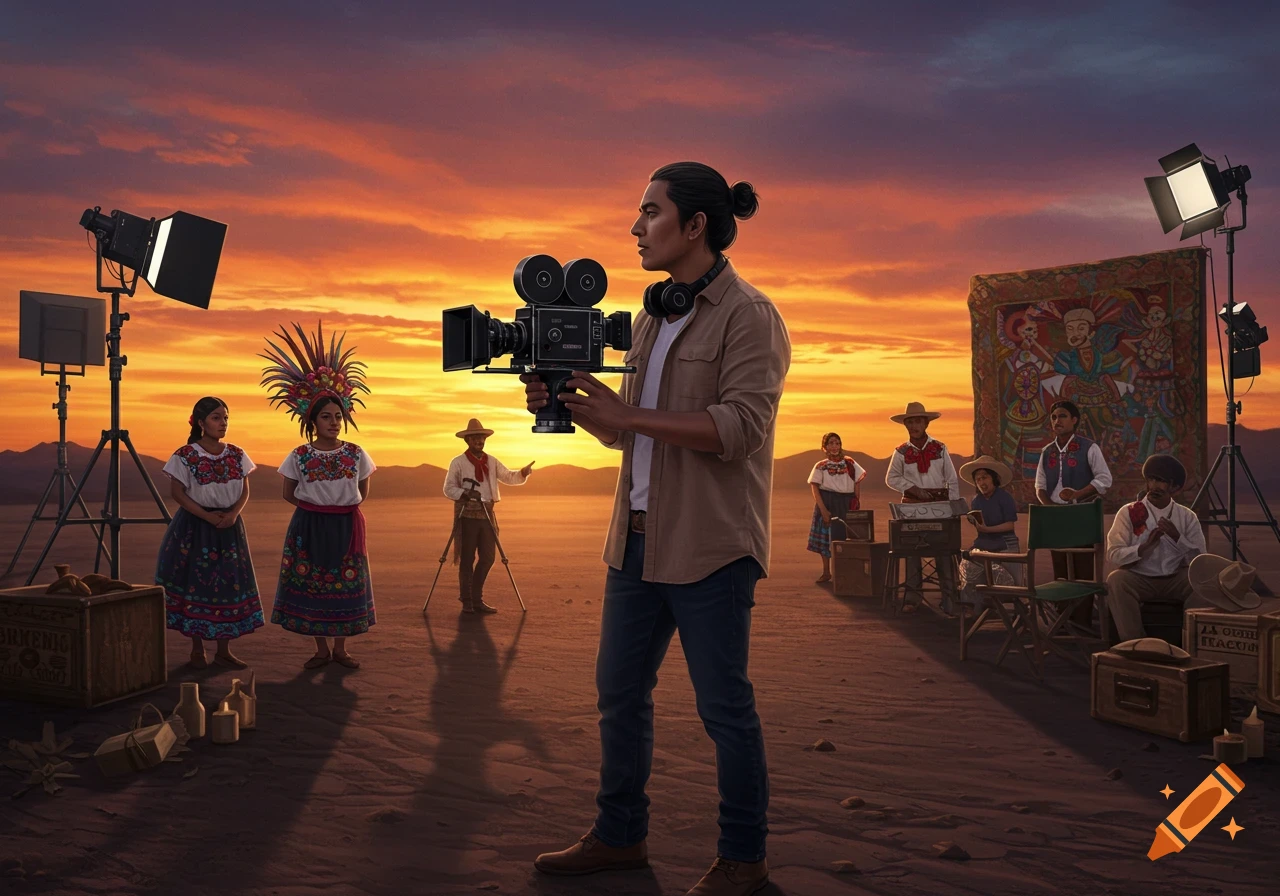 A cinematographer films a scene with actors in traditional attire on a ...