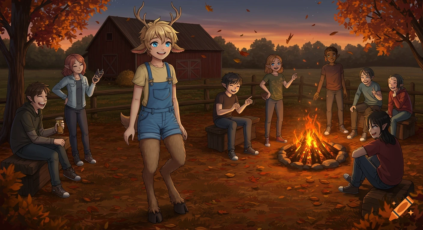 Anime art of a satyr with antlers and hooves, in overalls, with friends ...