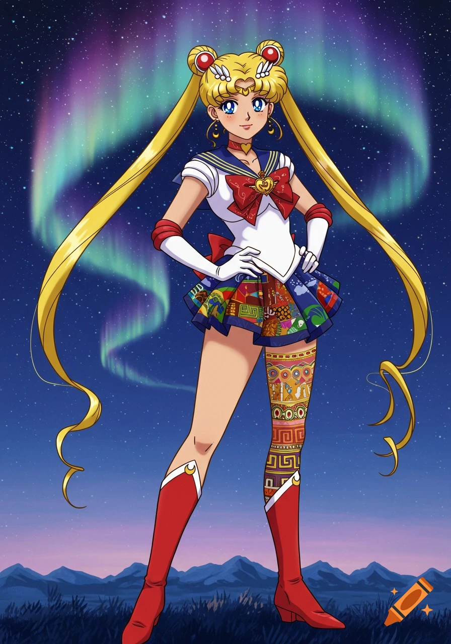 Anime-style Sailor Moon in a vibrant multicultural outfit stands under ...