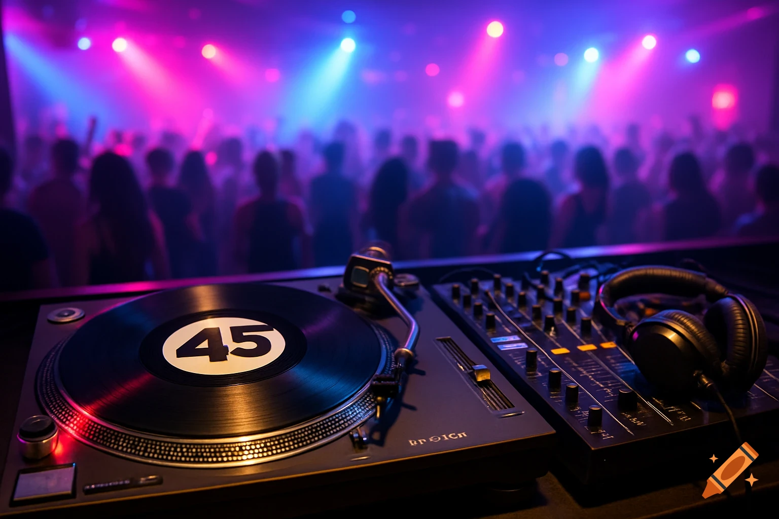 A smiling anime-style girl cheers at a vibrant techno music festival ...