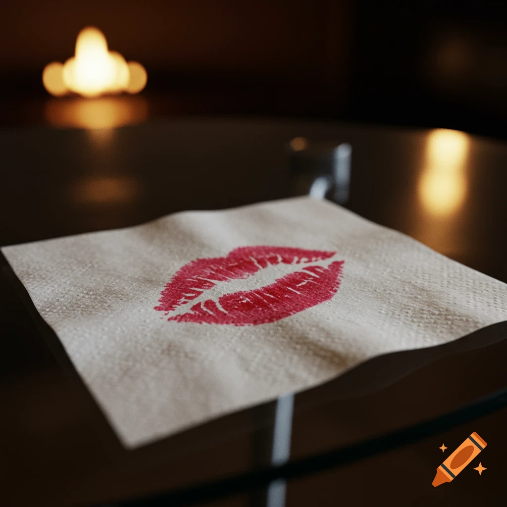 A deep red lipstick kiss mark on a crumpled paper napkin on a glass ...