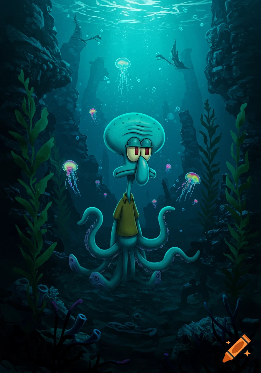 Stylized Squidward with glowing red eyes in cosmic horror space ...