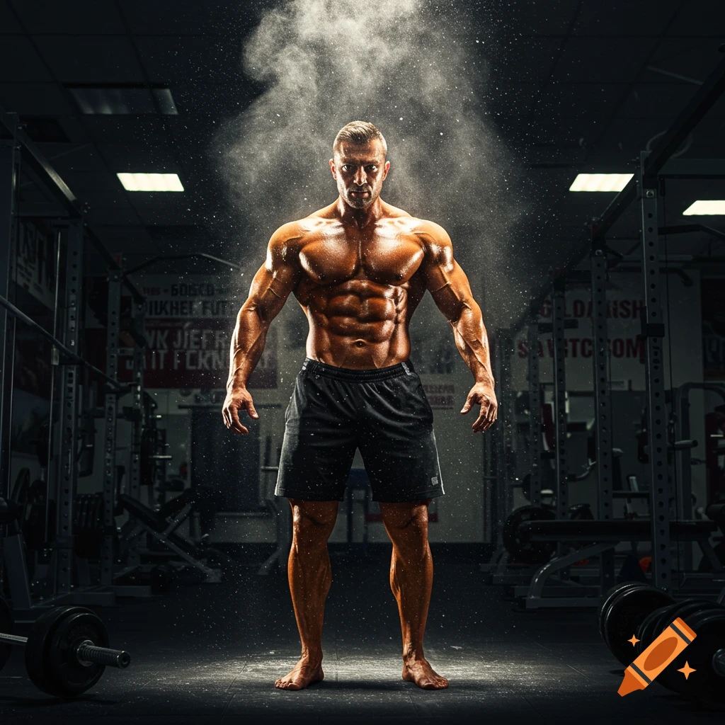 A muscular male bodybuilder poses in a dimly lit gym, showcasing his ...