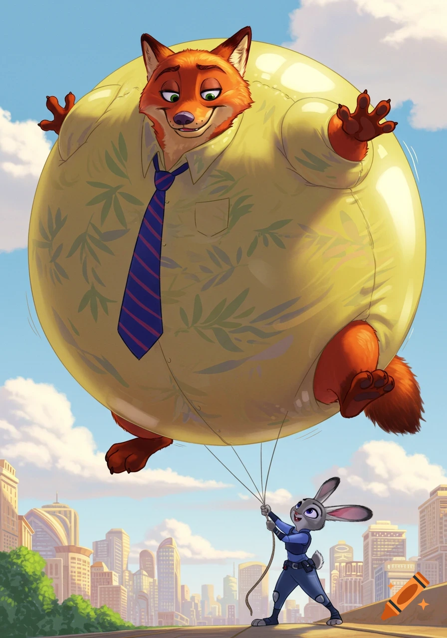 Inflated fox character Nick Wilde floats like a giant balloon in a ...