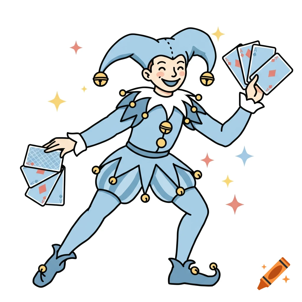 A cartoon jester in a pink, blue, and purple outfit holds playing cards ...