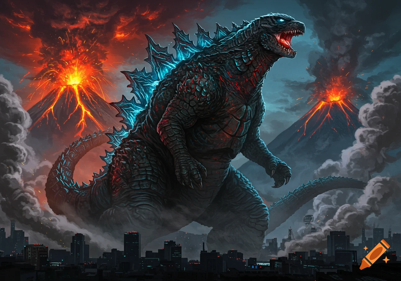 Giant Godzilla, with glowing blue spines and atomic breath, stands over ...