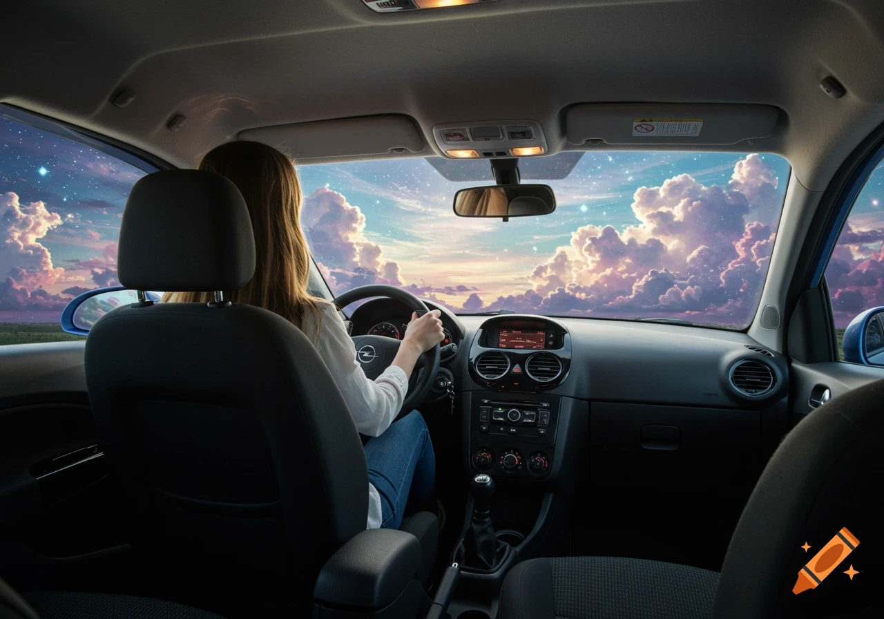 A person drives an Opel Corsa from the perspective of the back seat ...