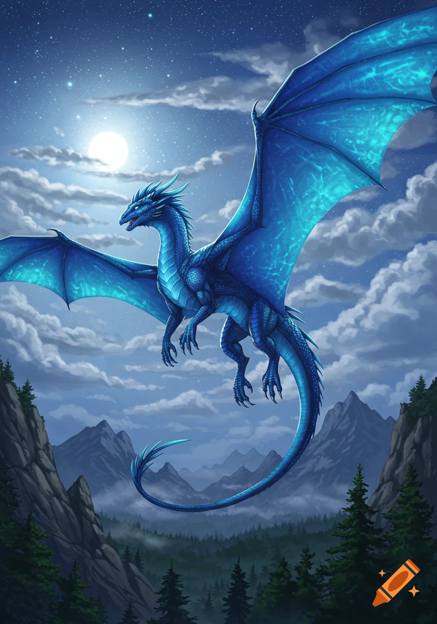 A brown dragon and a purple dragon fly together through a starry night ...