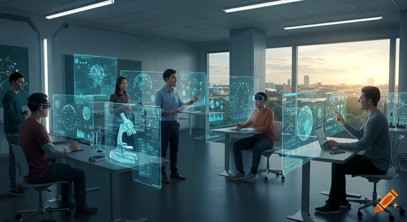 A group of students and a teacher in a futuristic virtual classroom ...