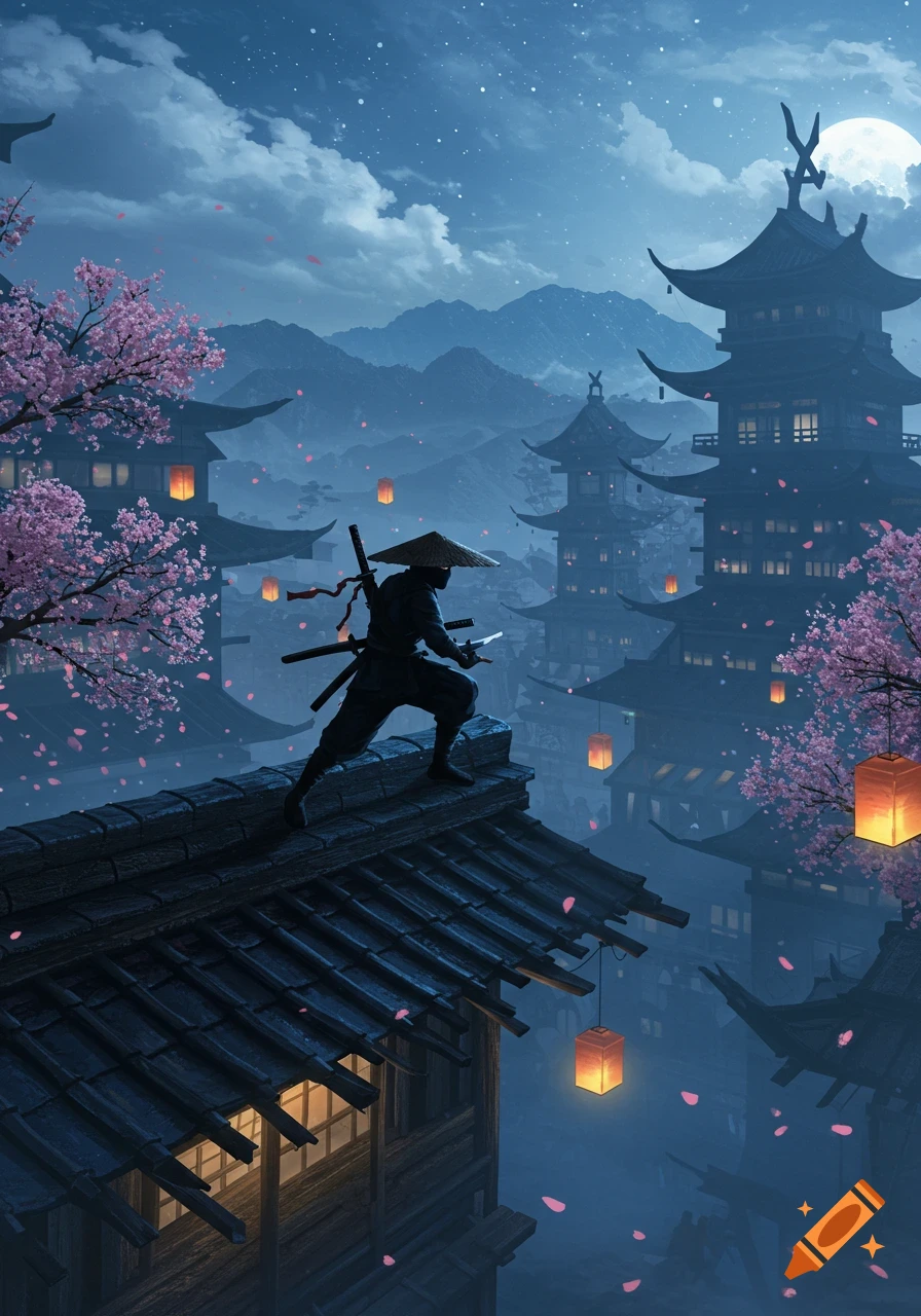 A dynamic digital illustration of a harengon ninja leaping across ...