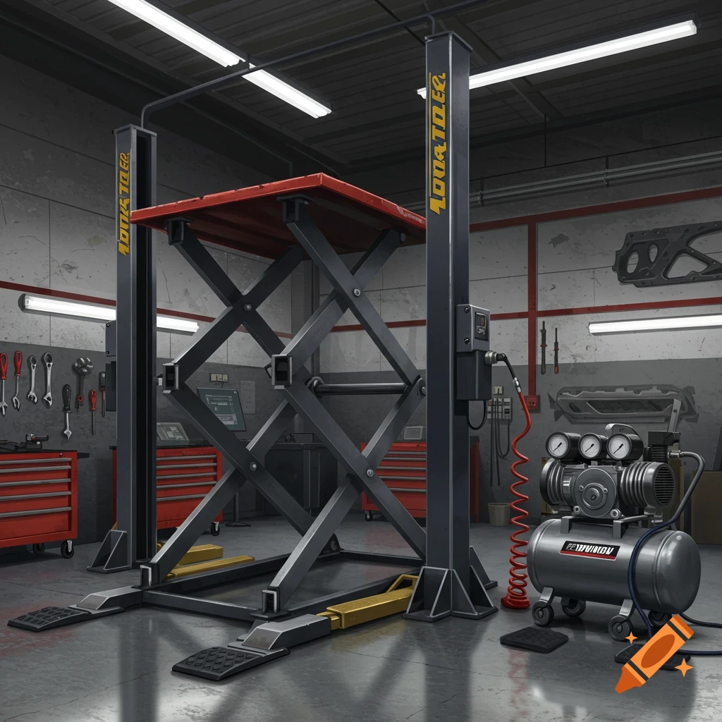 A hydraulic car lift and an air compressor in a well-lit garage with ...