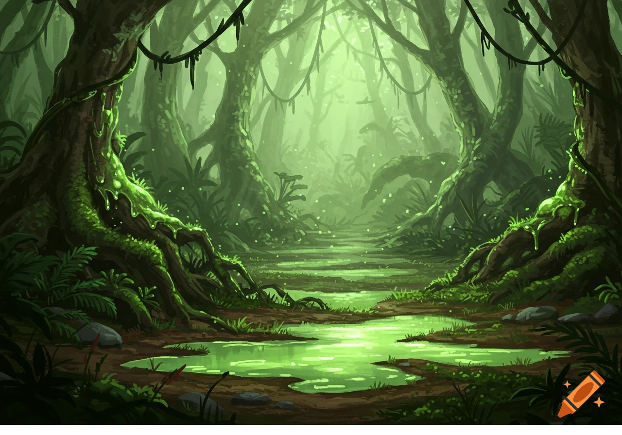 A vibrant, stylized illustration of a dark, misty jungle with glowing ...