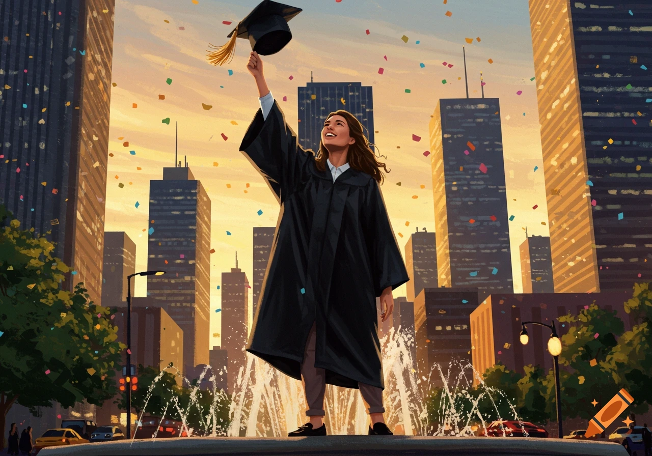 A graduate in cap and gown stands with arms raised, holding a diploma ...
