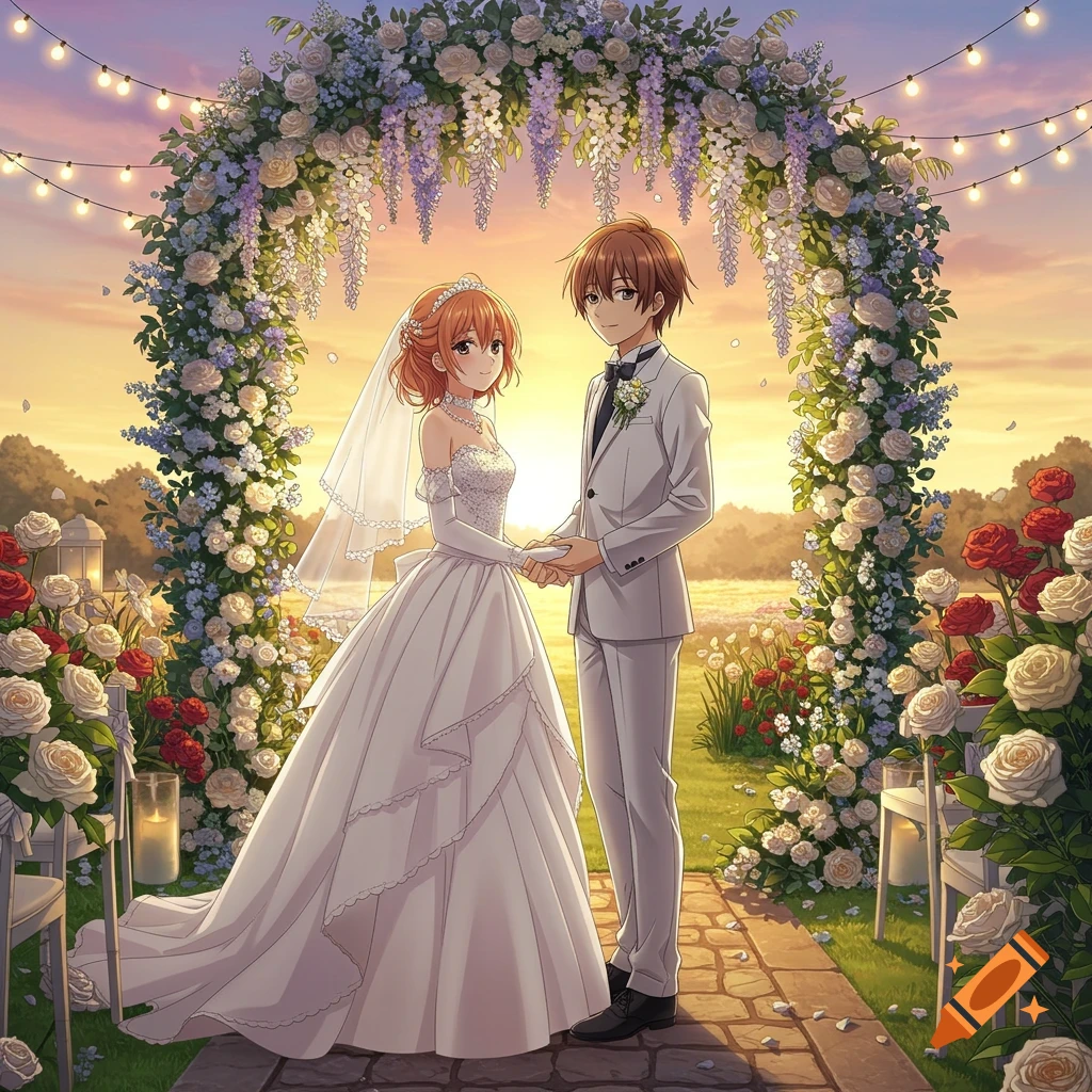 Anime couple, a bride and groom, holding hands under a floral arch at ...