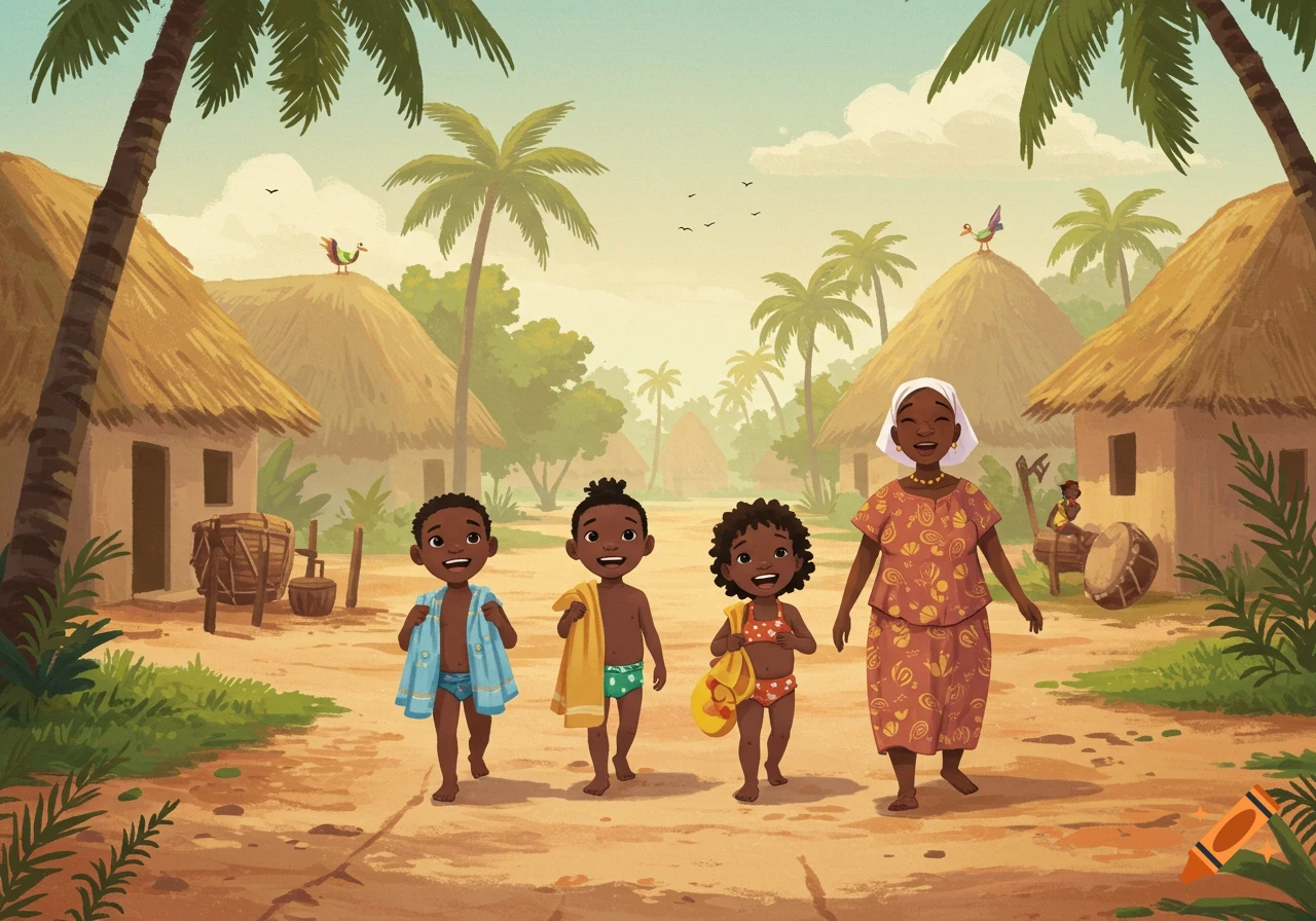 An illustration of a young Arawak boy crouching in a lush jungle ...